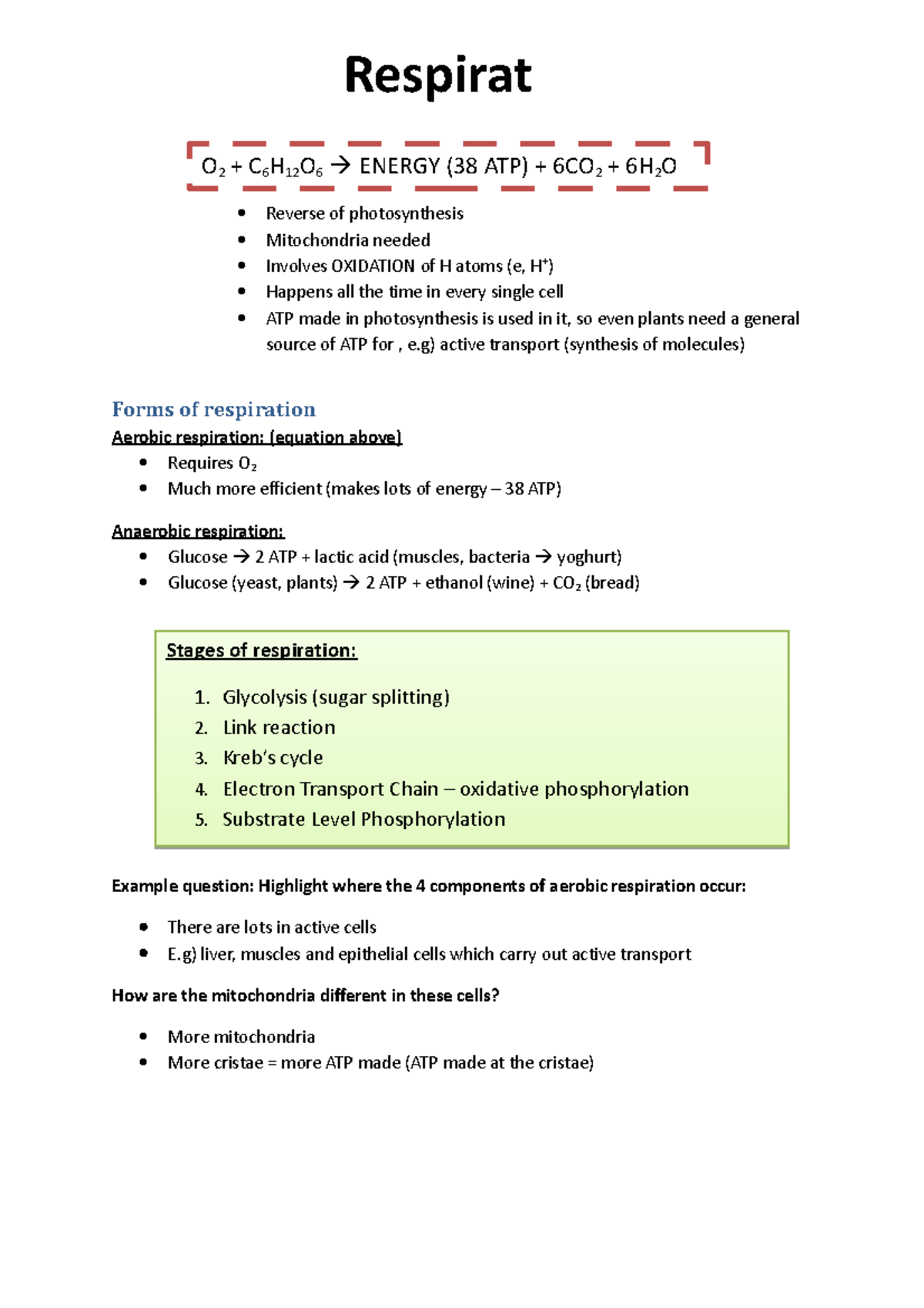 Respiration revision notes - Reverse of photosynthesis Mitochondria ...