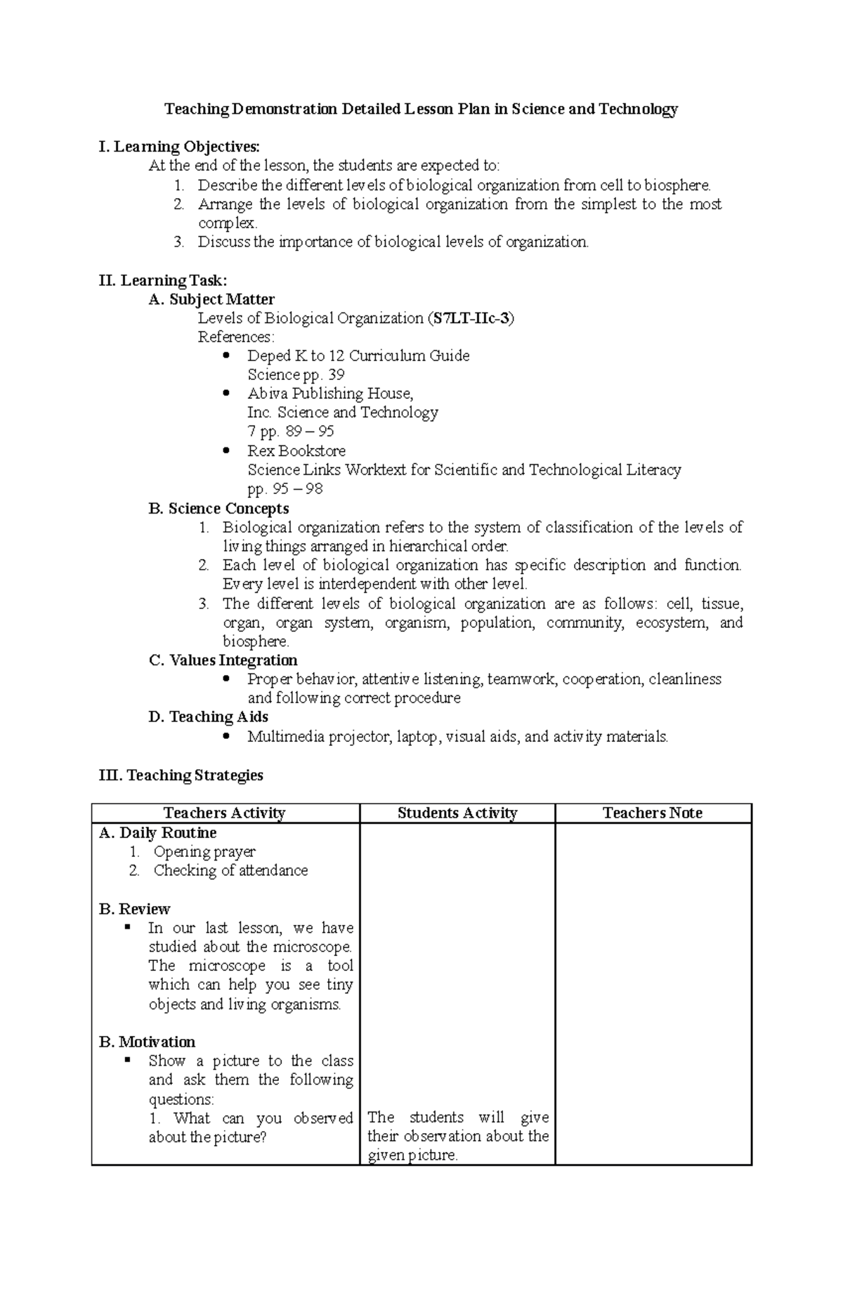 Teaching demonstration detailed lesson plan in science and technology ...