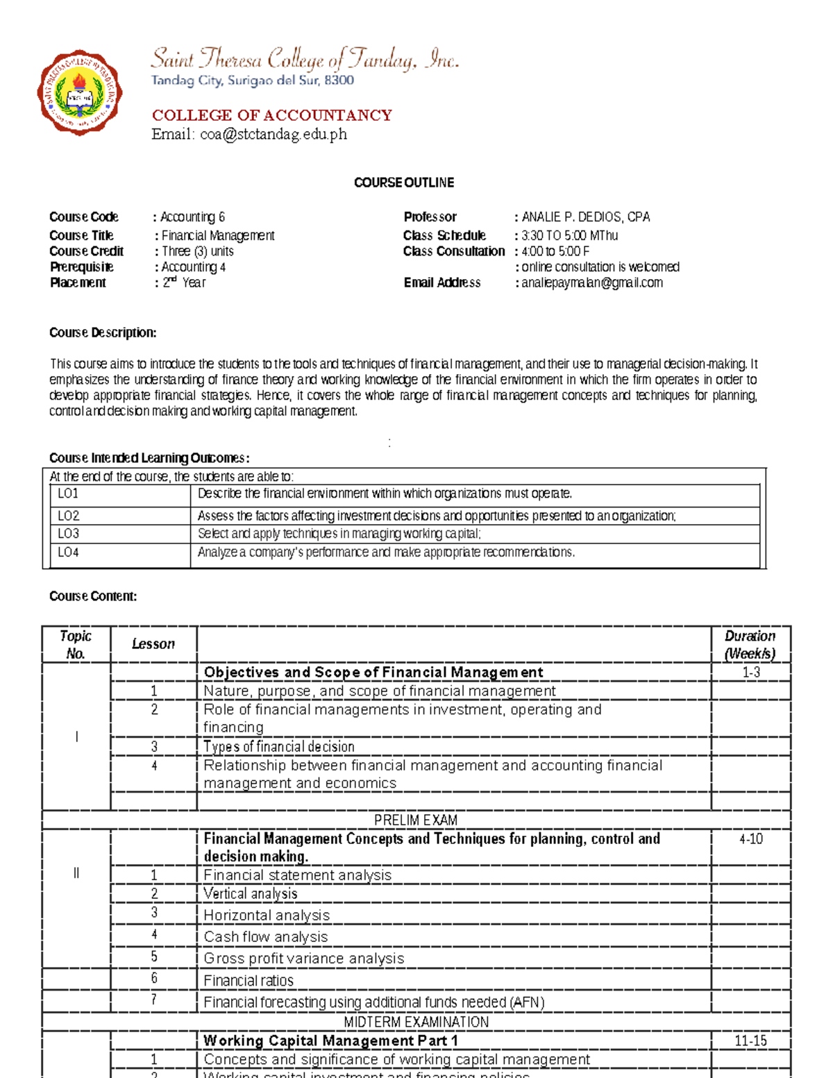 Course- Outline Financial- Management - COLLEGE OF ACCOUNTANCY Email ...