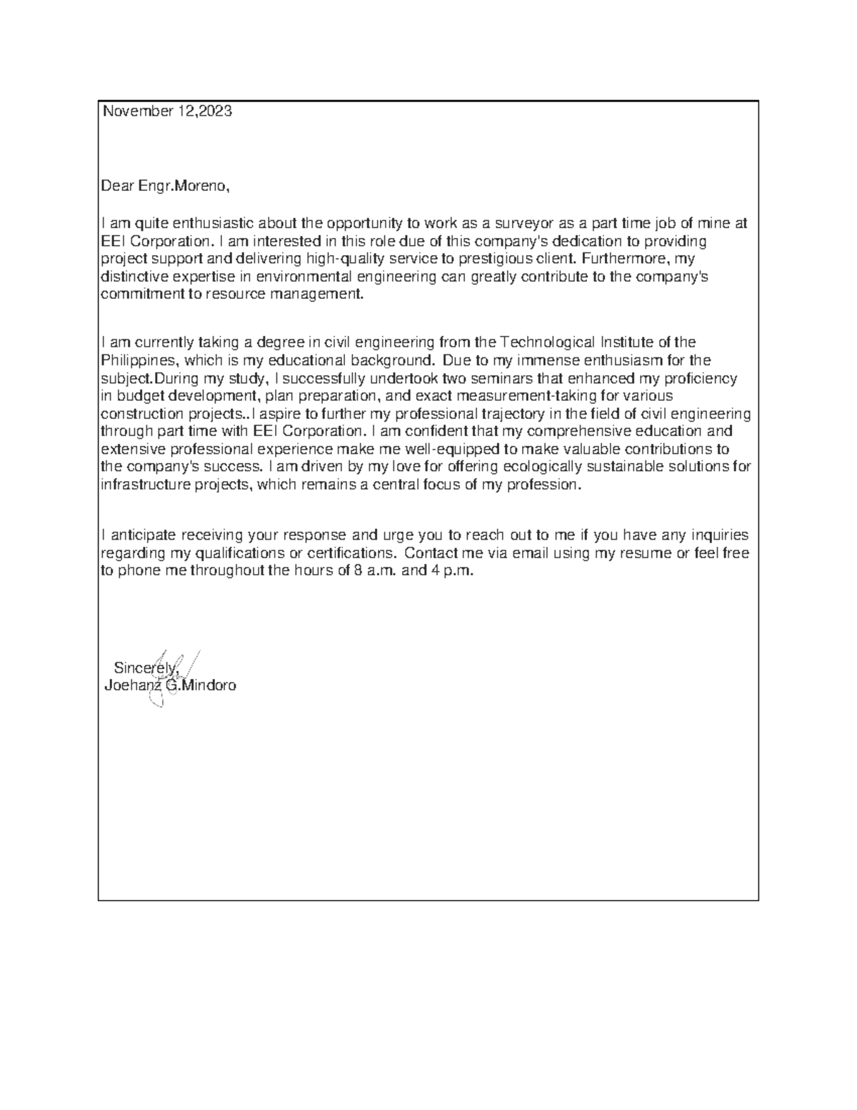 Letter - November 12, Dear Engr, I am quite enthusiastic about the ...