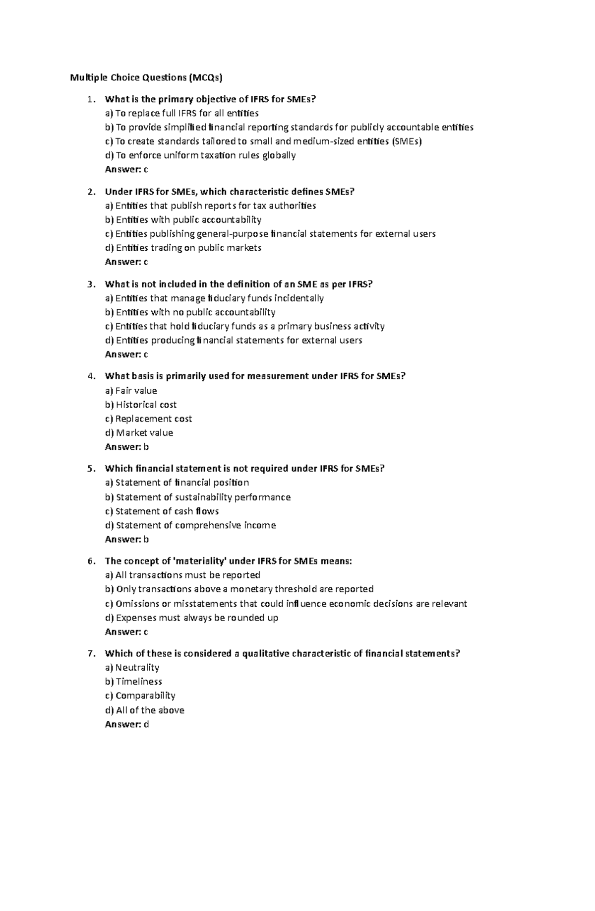 MCQ AND T OR F SMEs - Reviewer for IFRS for SMEs - Multiple Choice ...
