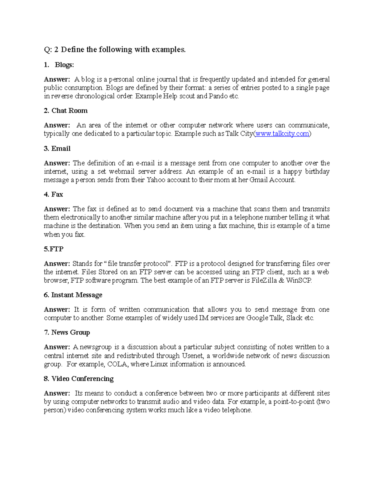 002 - Computer Assignment - Q: 2 Define the following with examples. 1 ...