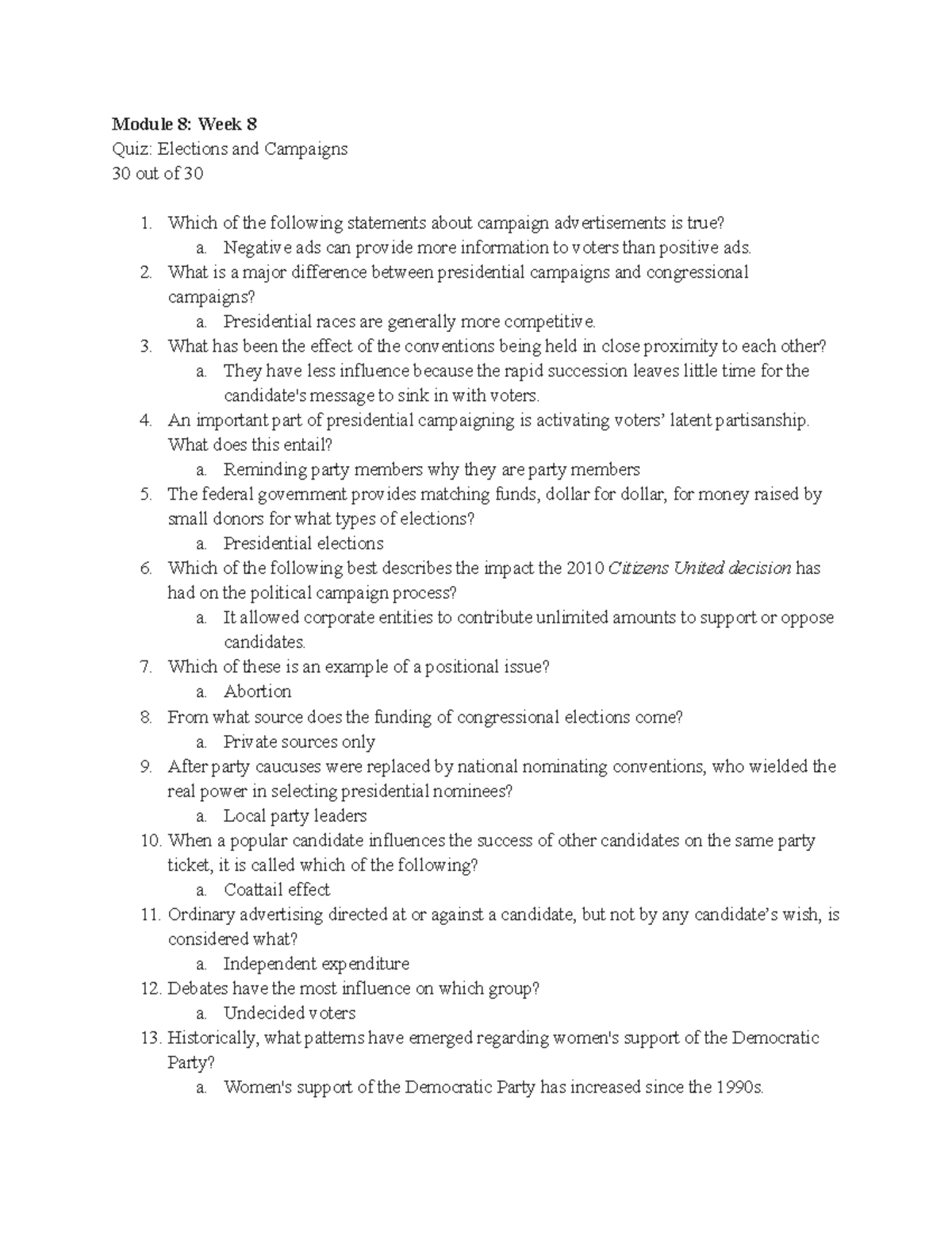 Quiz Elections and Campaigns pt. 2 - GOV 220 - Module 8: Week 8 Quiz ...