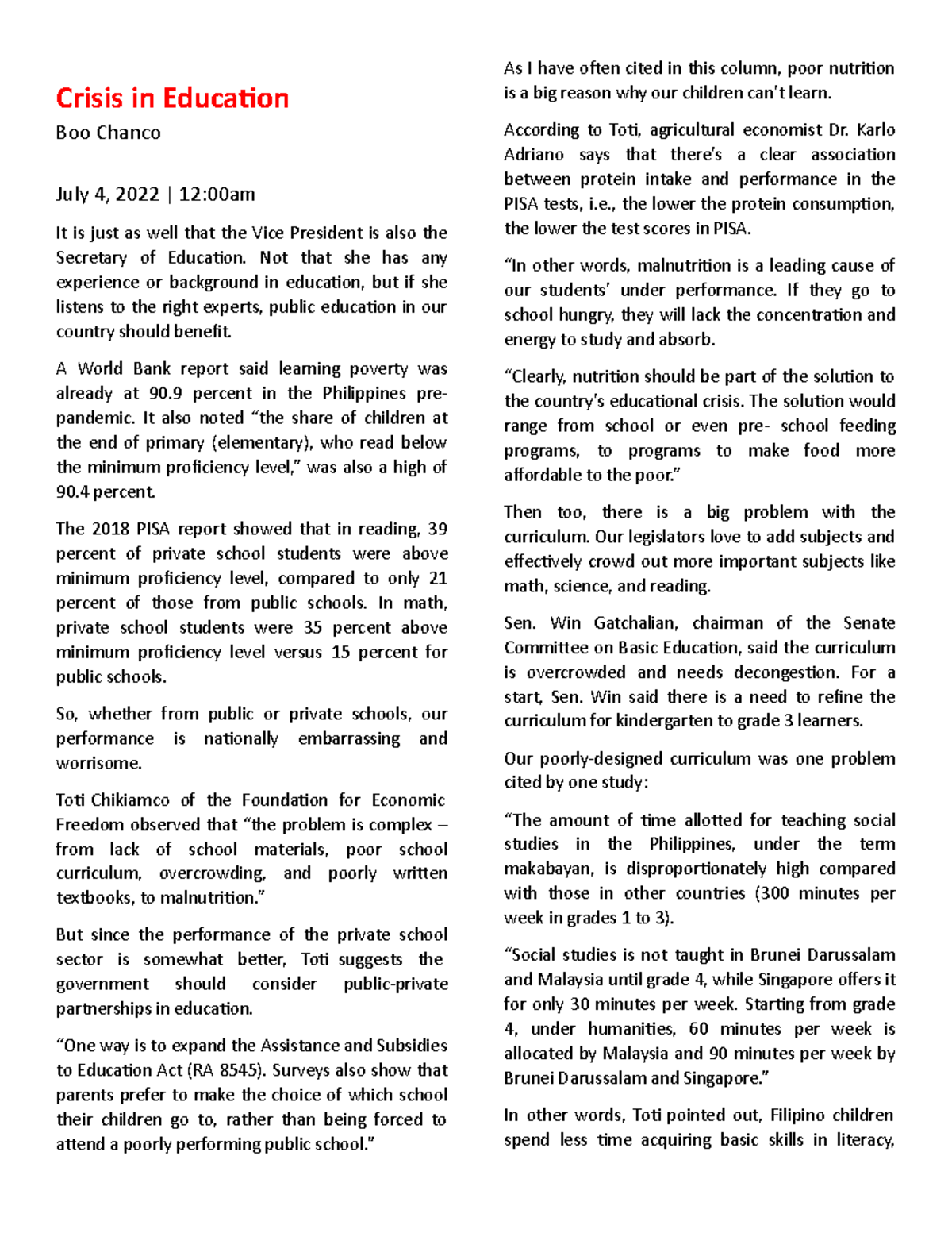 Reading Material No - Lpalacio - Crisis in Education Boo Chanco July 4 ...