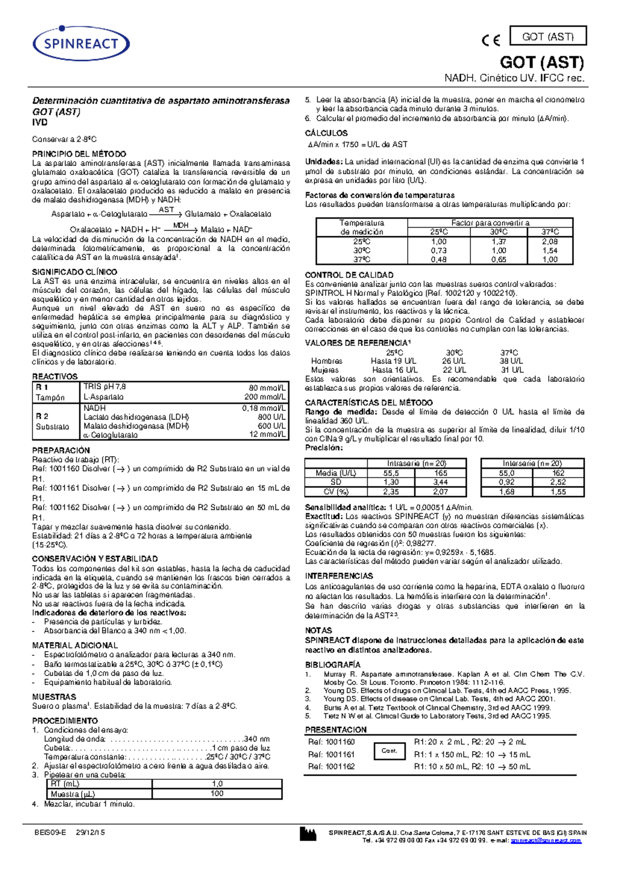 Hoja de enzimas GOT - GOT (AST) NADH. Cinético UV. IFCC rec. BEIS09-E 29/12/15 SPINREACT,S.A./S ...