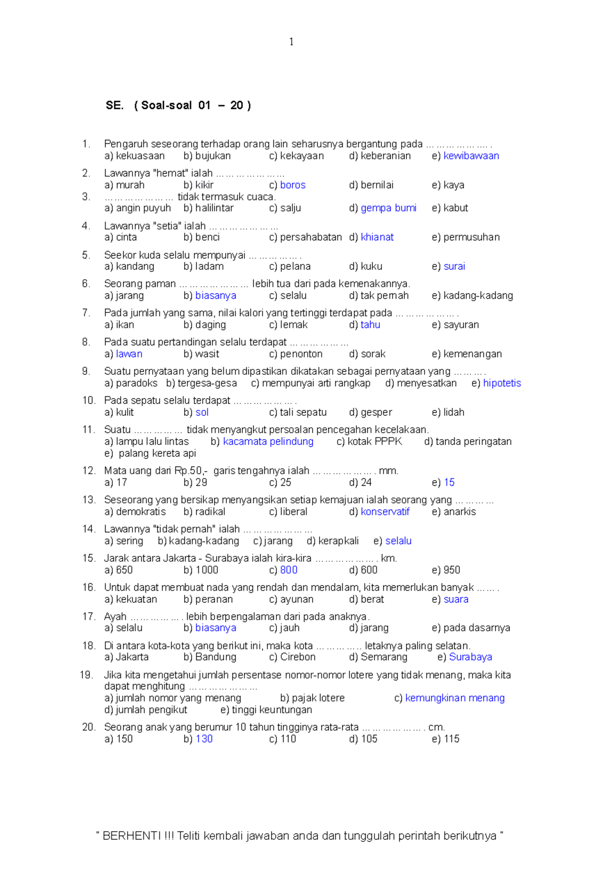 SE Soal soal 01 20 - n hjbjj - SE. ( Soal-soal 01 – 20 ) Pengaruh ...