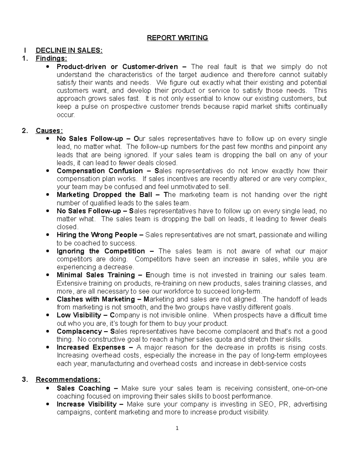 Report Writing - Class Notes - REPORT WRITING I DECLINE IN SALES ...