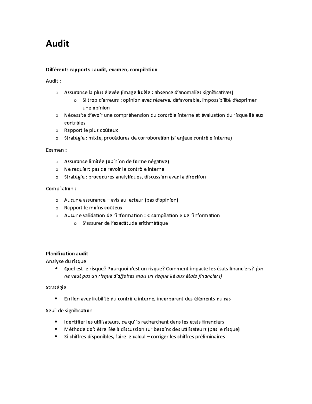 Fiche Audit. Un résumé non exhaustif des différents rapports d'audit ...