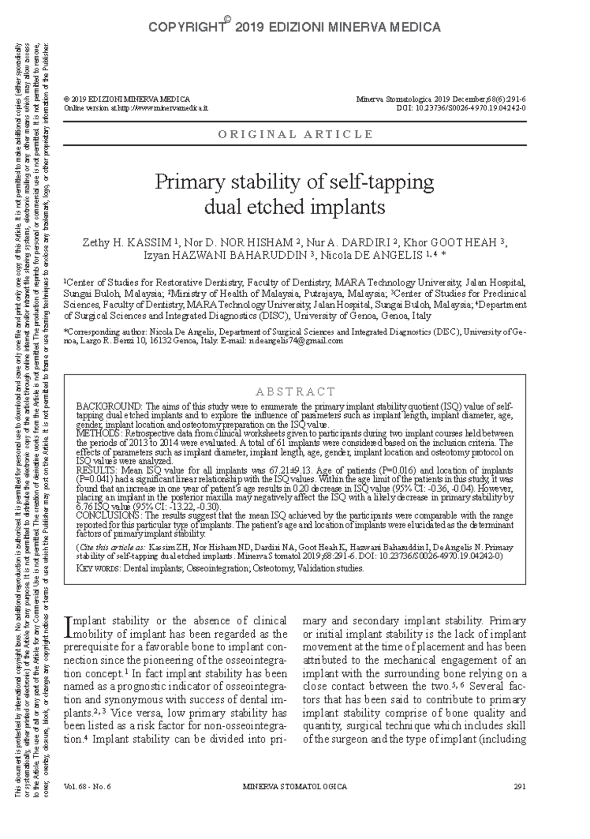 Primary stability of self-tapping dual etched implants - Vol. 68 - No ...