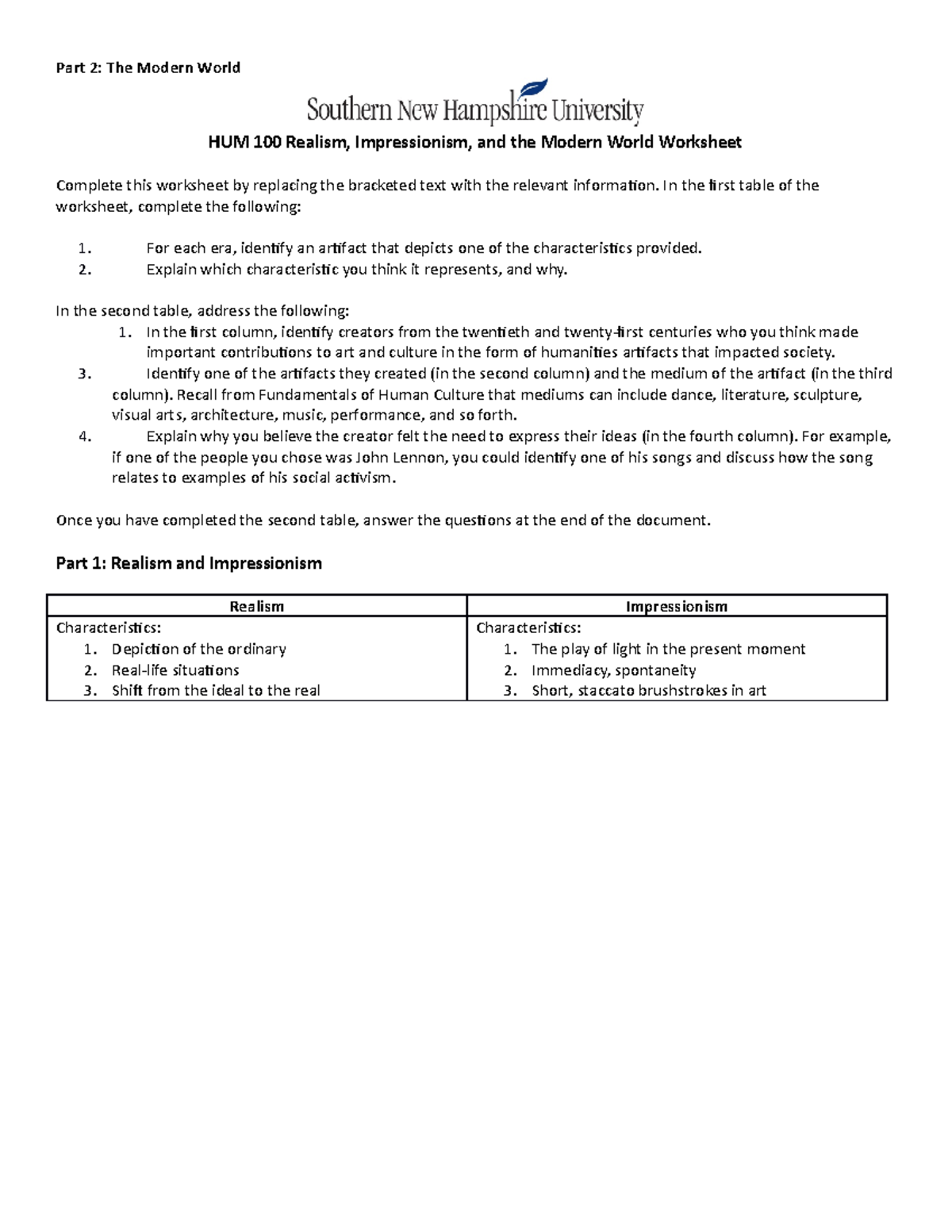6-3 Realism Impressionism and the Modern World Worksheet - HUM 100 ...