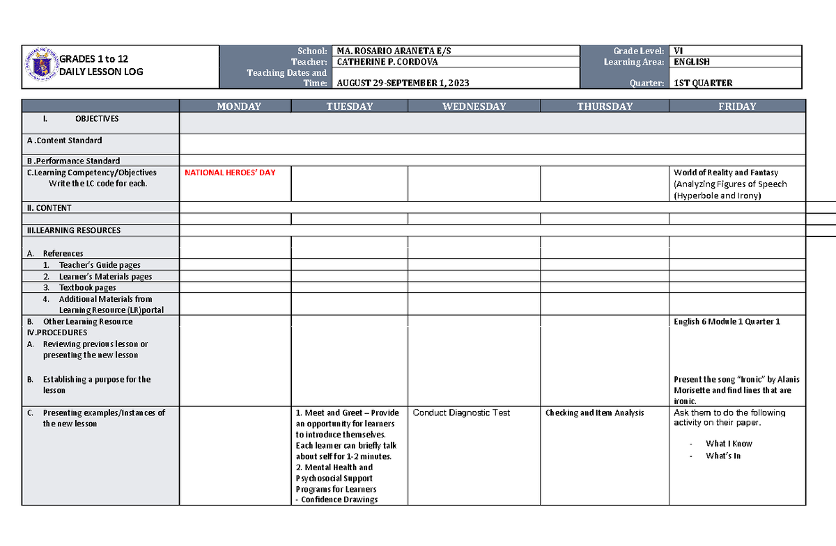 DLL English 6 Q1 W1 - daily lesson log quarter 1 week 1 - GRADES 1 to ...