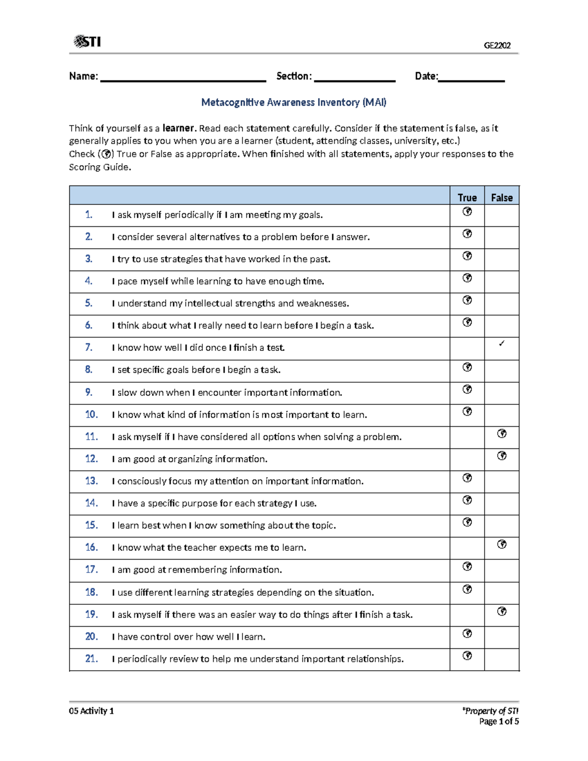 Uts Asynchronous Activity - 05 Activity 1 *Property of STI Name: Section: Date: Metacognitive ...