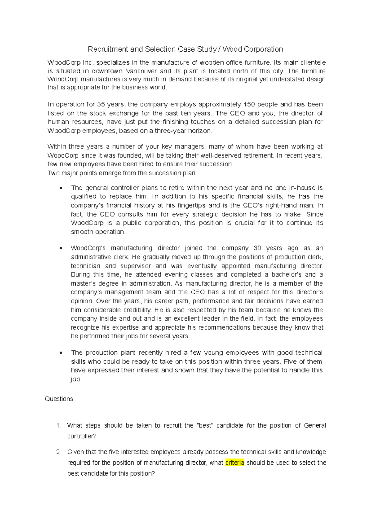 Recruit Case - Recruitment and Selection Case Study / Wood Corporation ...