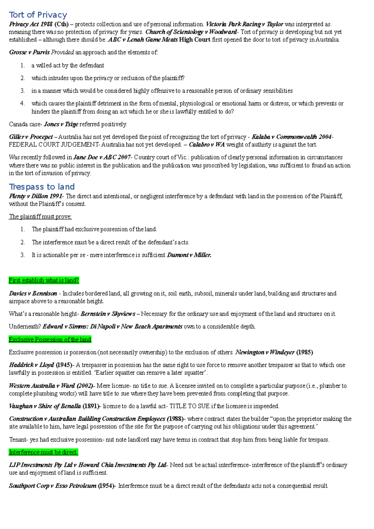 Torts Notes A exam notes - Tort of Privacy Privacy Act 1988 (Cth ...