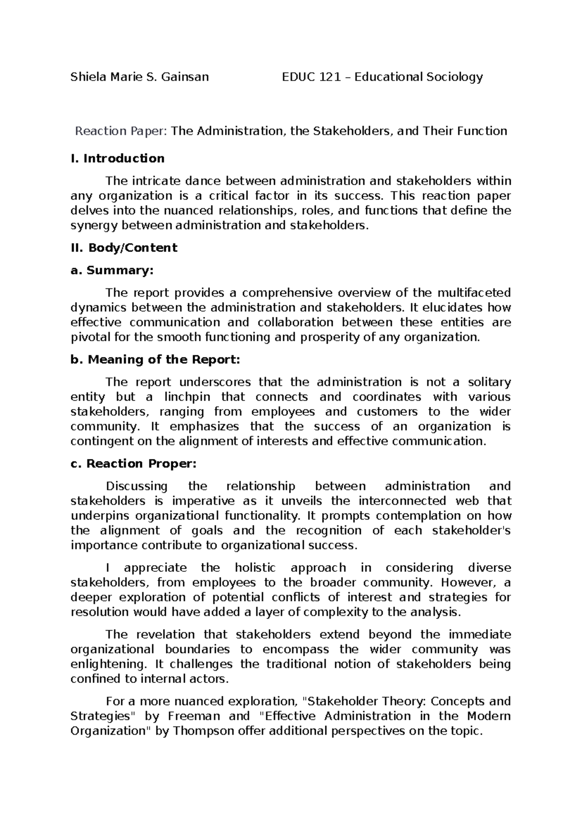 THE Administration, THE Stakeholders, AND Their Functions - Shiela ...