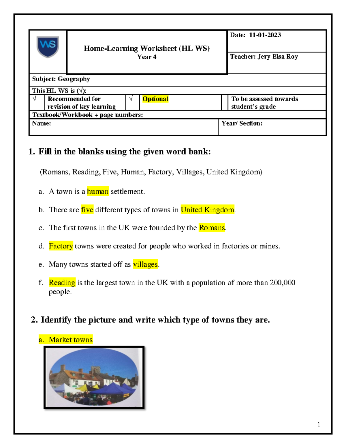 Y4 T2 Geography HL Wk - 2 Answer Key - 1 1. Fill in the blanks using ...