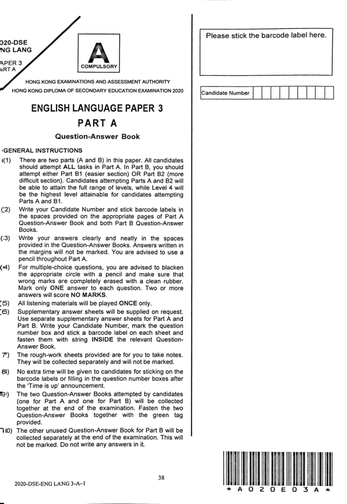 2020 DSE ENG LANG 3 A - dse past paper - Please stick the barcode label ...