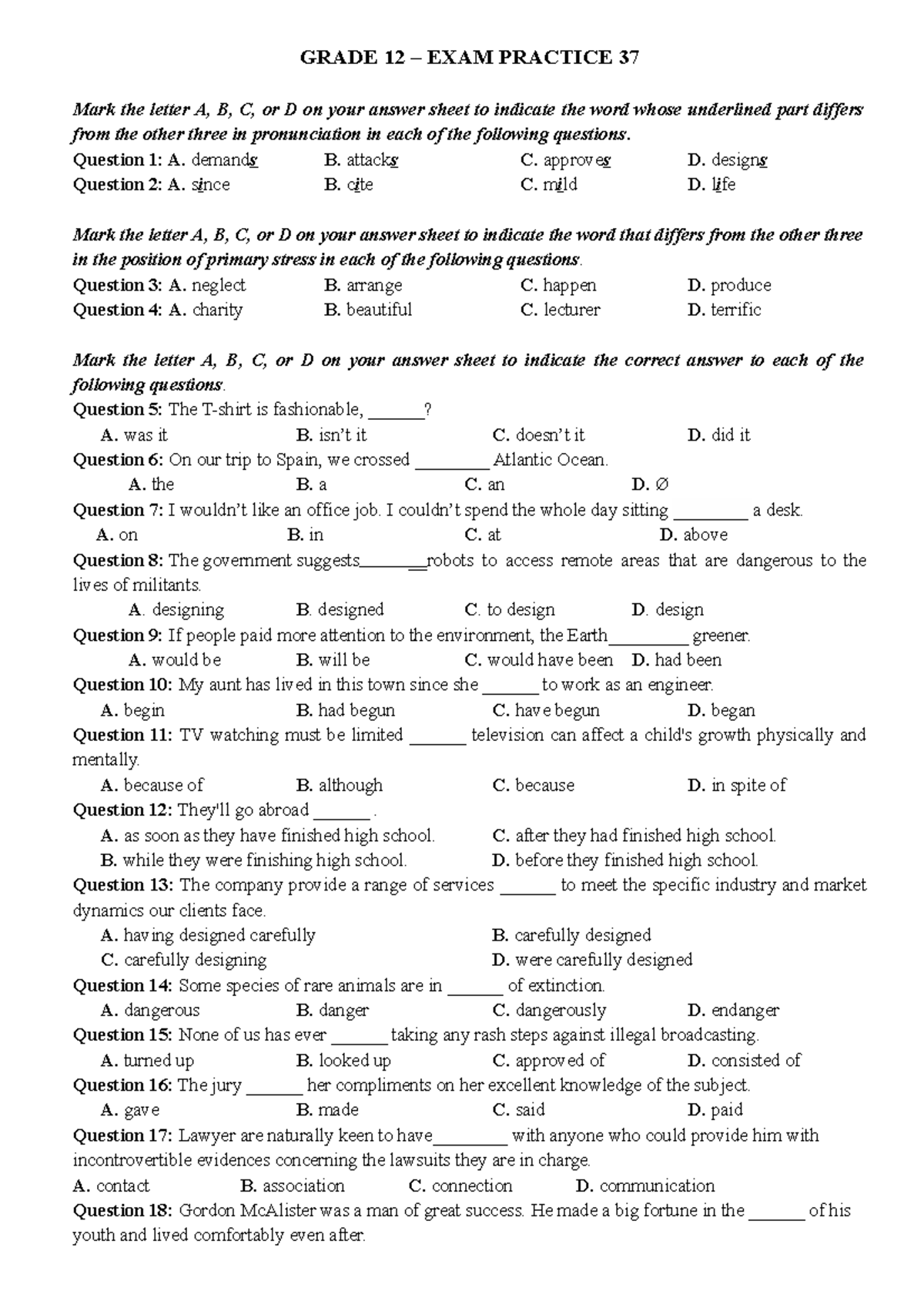 Grade 12 Exam Pracice 37 - GRADE 12 – EXAM PRACTICE 37 Mark the letter ...