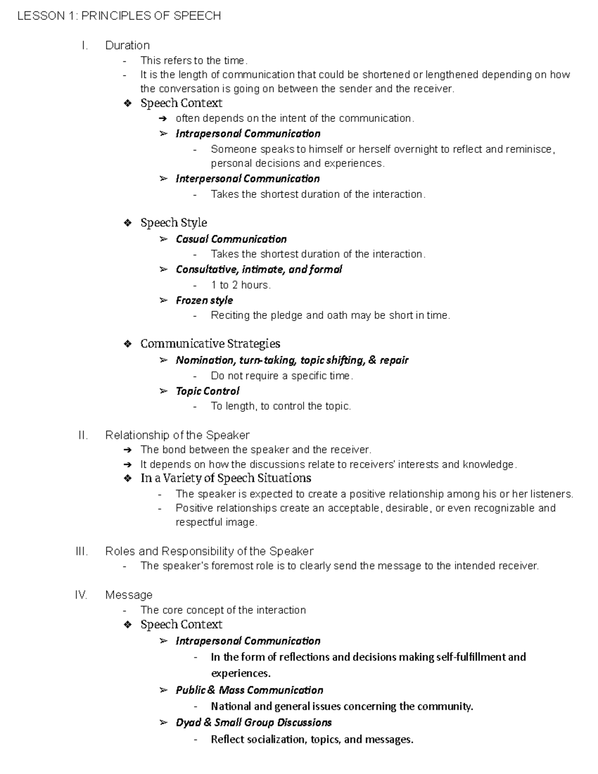 Oral Communication - LESSON 1: PRINCIPLES OF SPEECH I. Duration This ...