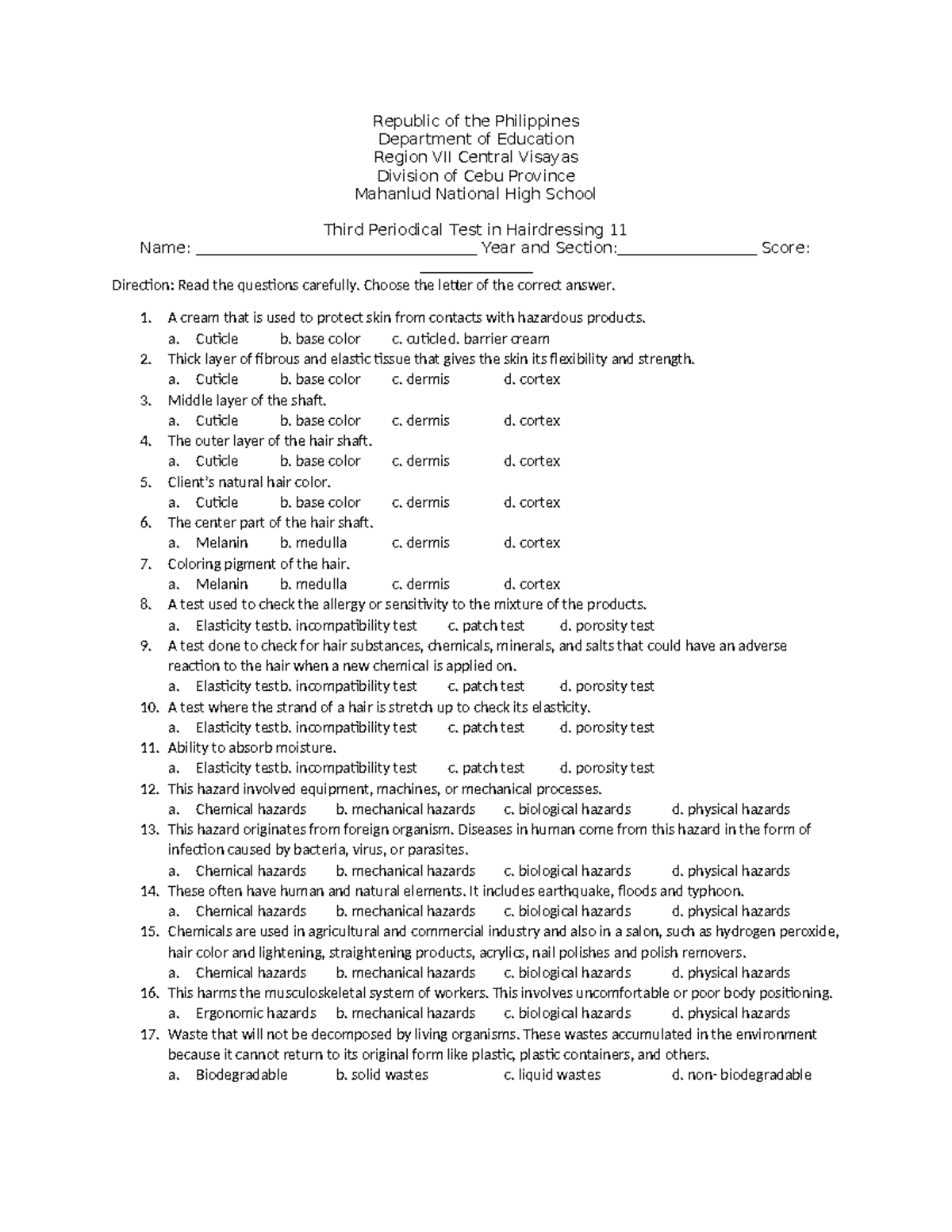 Third periodical test TLE - Republic of the Philippines Department of ...