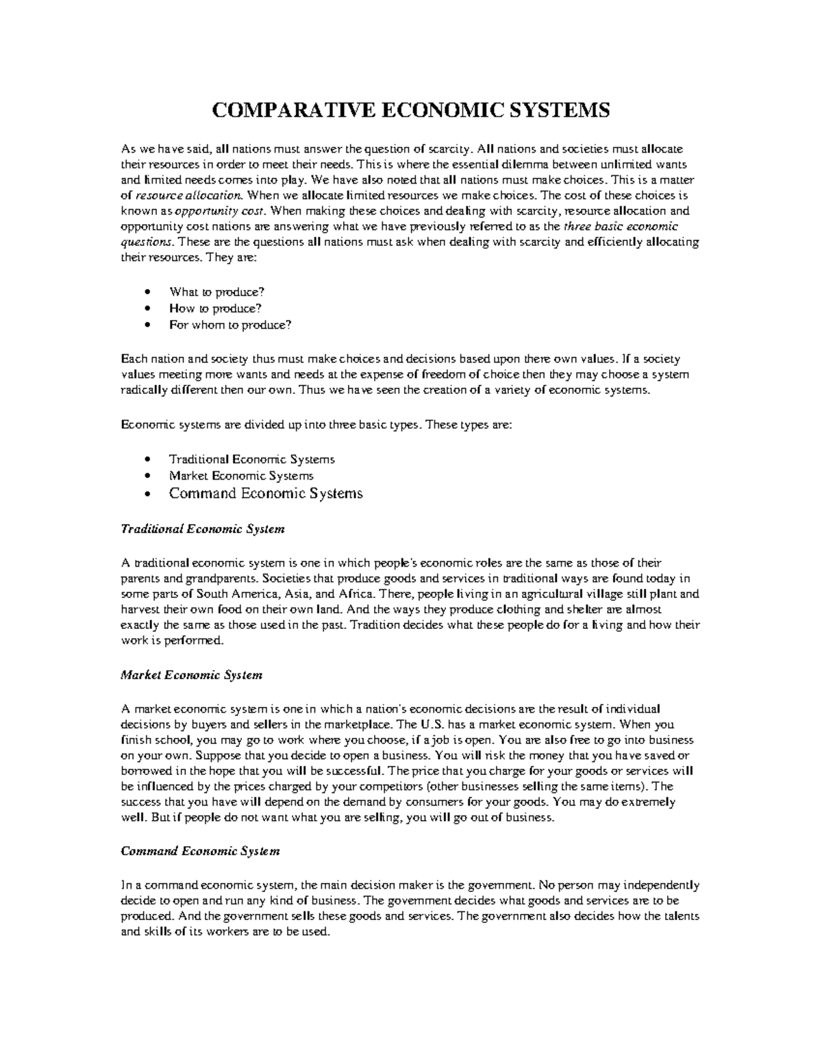 Comparative Economic Systems - COMPARATIVE ECONOMIC SYSTEMS As we have ...