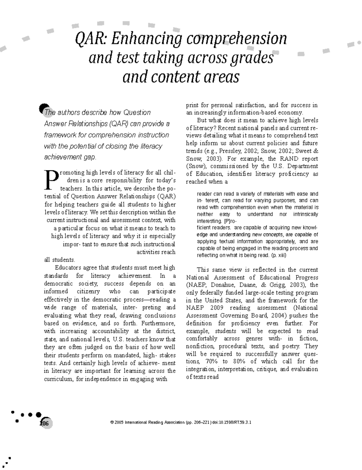 QAR Enhancing Comprehension and Test Taking Across - 206 QAR: Enhancing ...