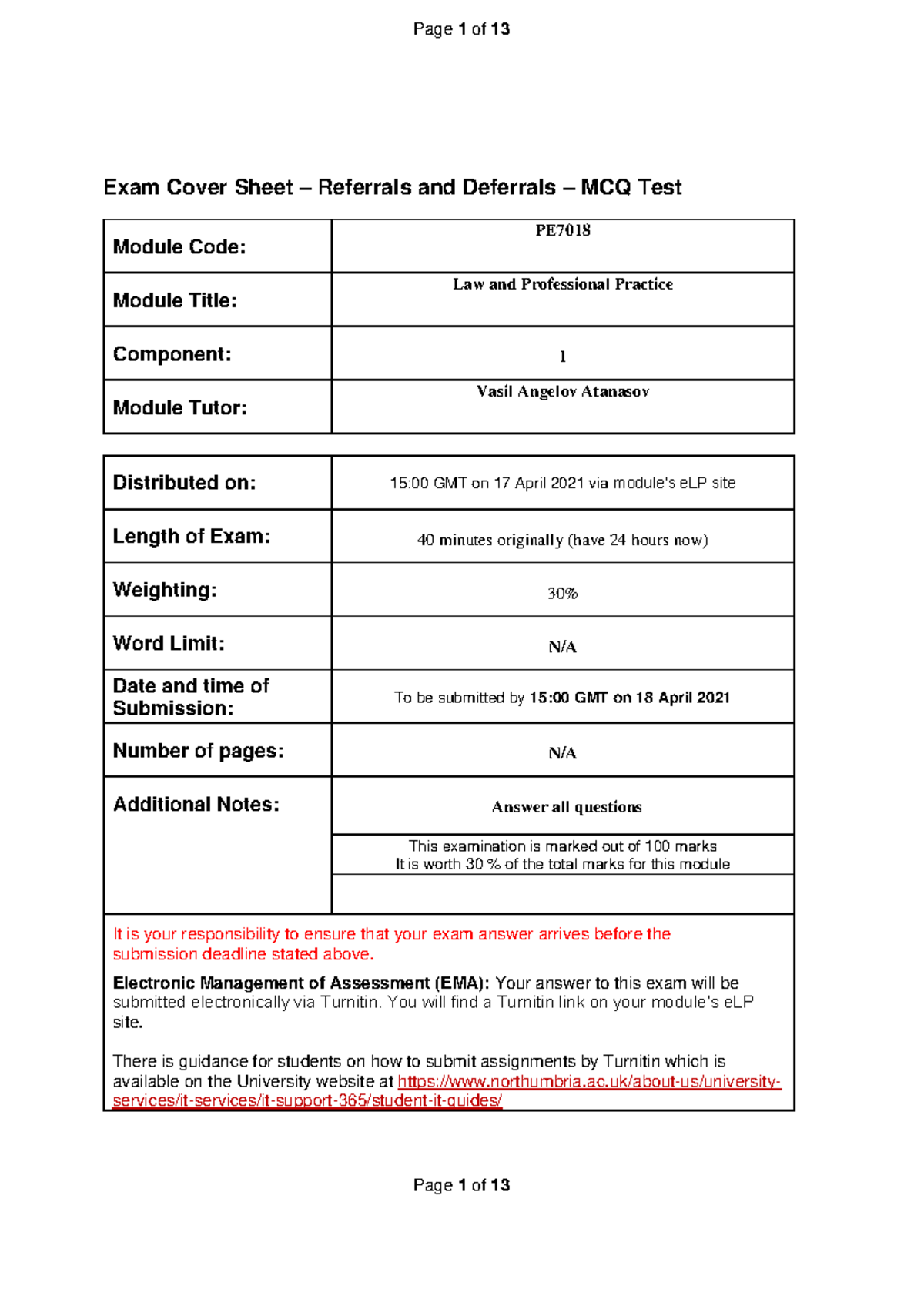 PE7018 Exam Paper MCQ Test R D - Exam Cover Sheet – Referrals and ...
