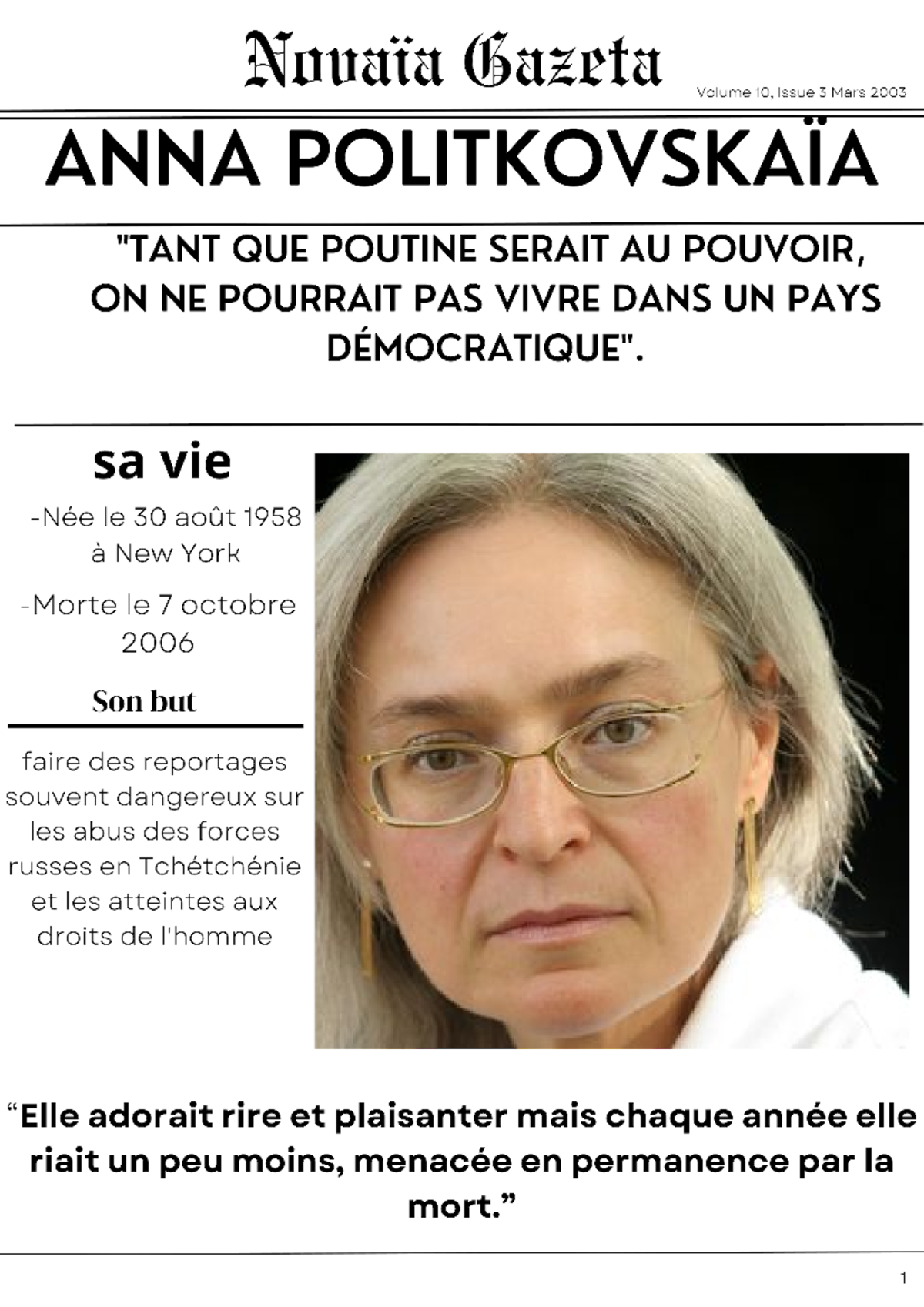 Affiche Anna Politkovskaïa - Novata Gazeta Volume 10, Issue 3 Mars 2003 ...