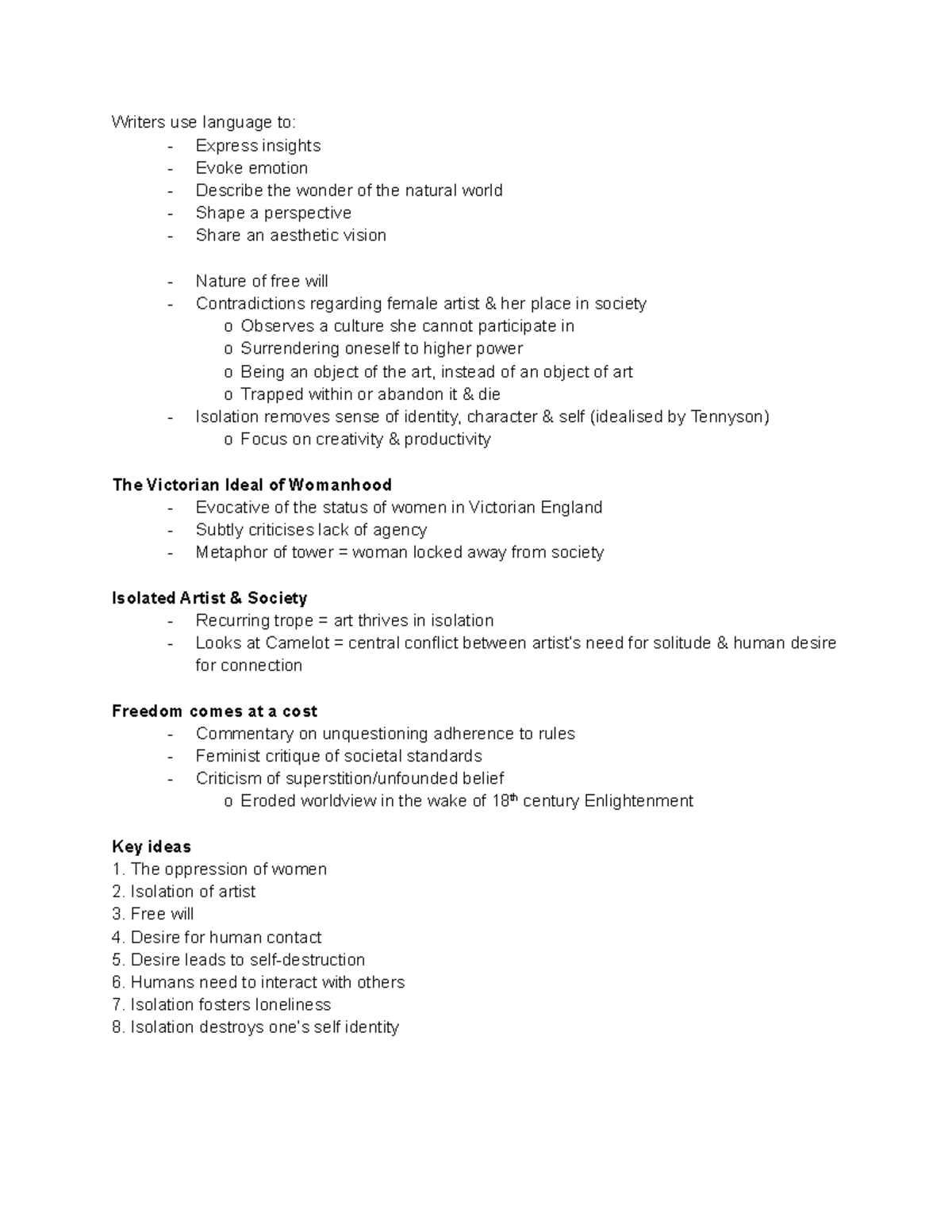 Lady of Shalott Notes - Writers use language to: - Express insights ...