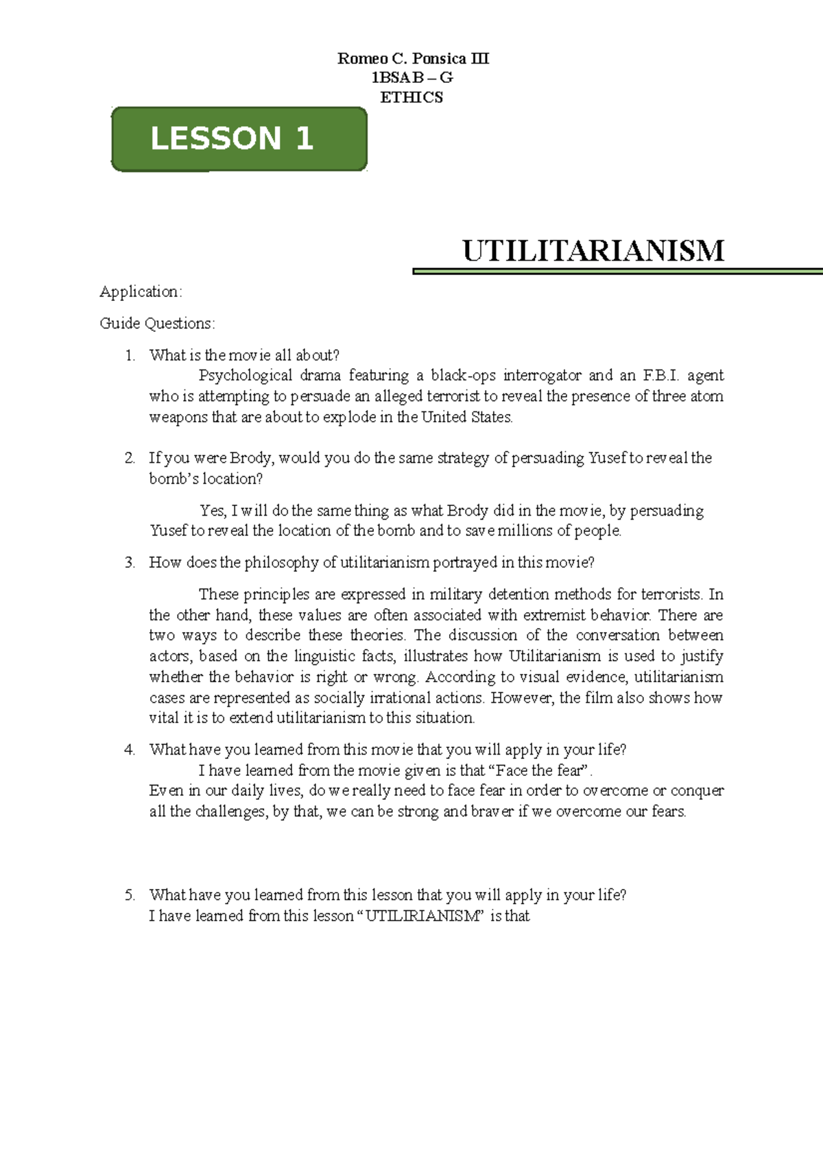 Ethics Module 2- Answer- Romeo- Ponsica - 1BSAB – G ETHICS ...