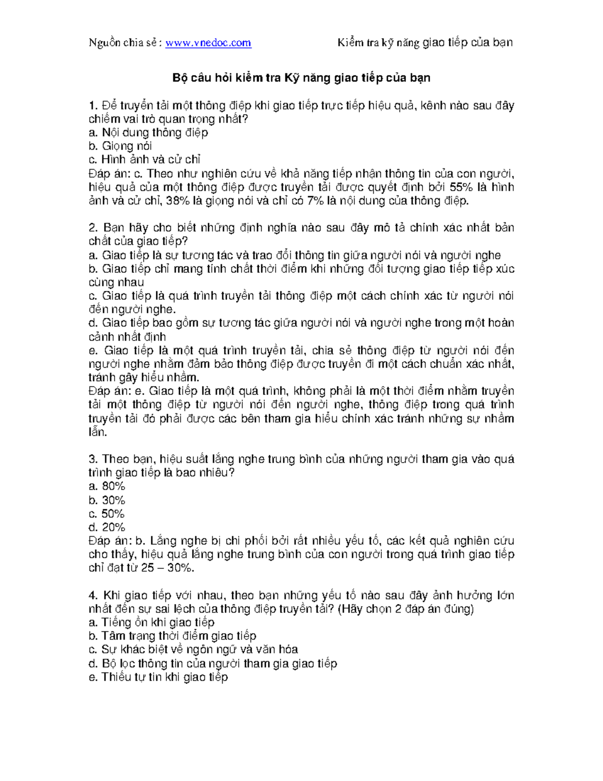 Kiem tra ky nang giao tiep 5014 - B câu h i ki m tra K n ng giao ti p c a b n truyn - Studocu