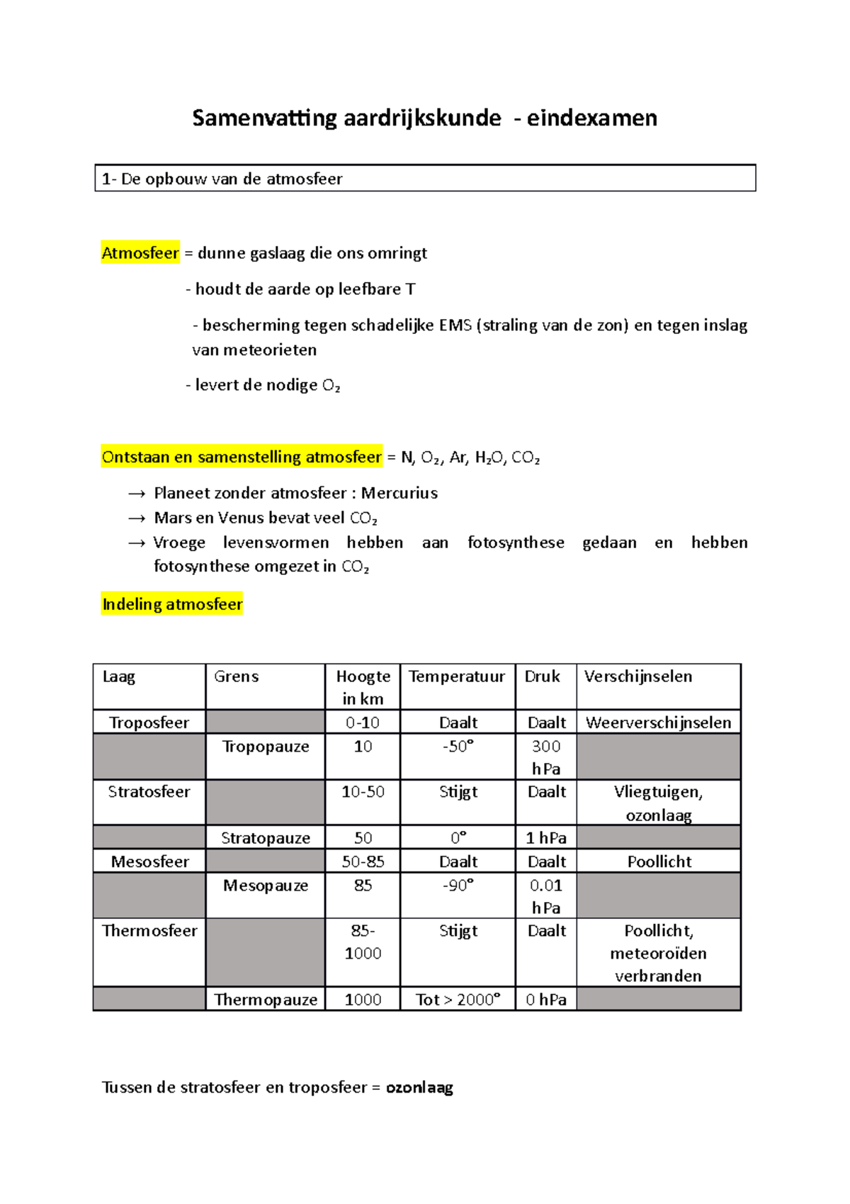 Samenvatting aardrijkskunde - hPa Thermosfeer 85- 1000 Stijgt Daalt ...