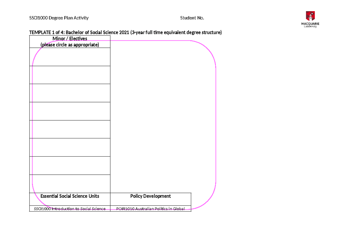 SSCI1000 Degree Plan Template 2021 - TEMPLATE 1 of 4: Bachelor of Social Science 2021 (3-year ...