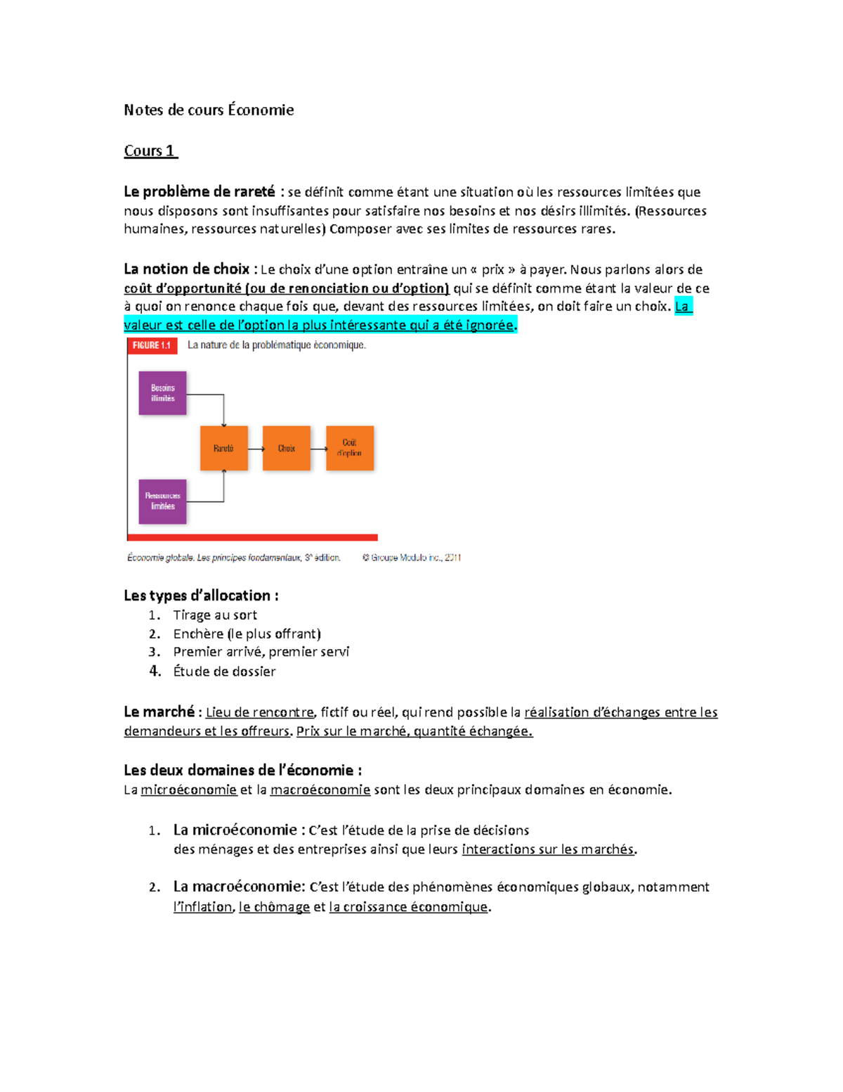 Notes de cours Économie - Notes de cours Économie Cours 1 Le problème ...