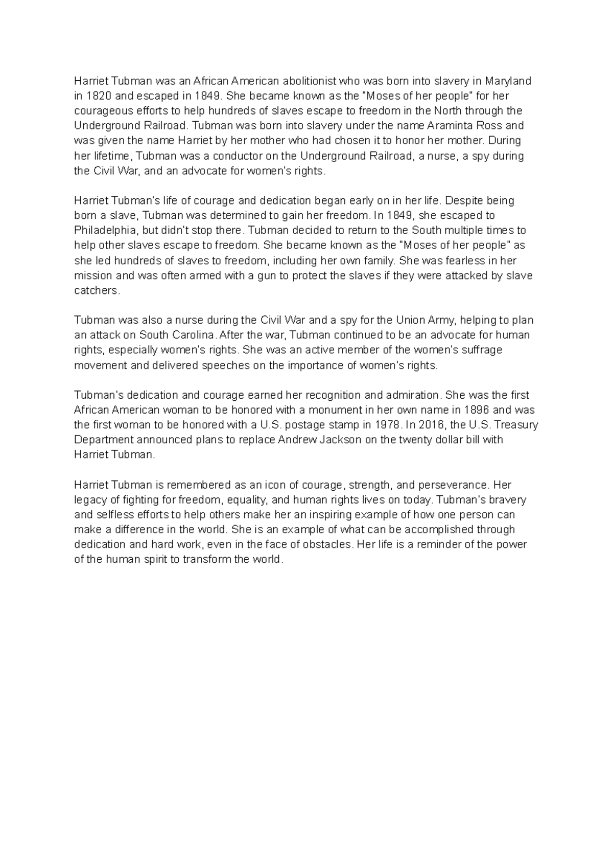 Harriet - practice materials - Harriet Tubman was an African American ...