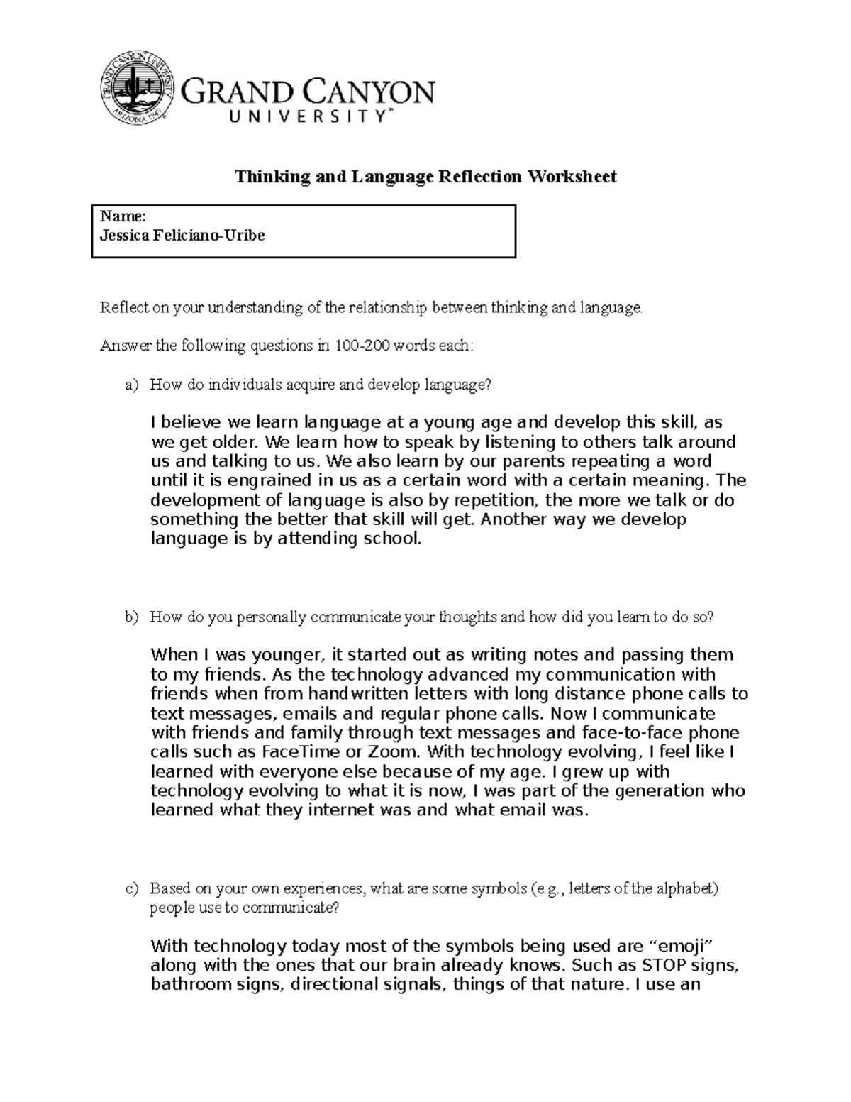 PHI105 - Thinking and Language Reflection Worksheet Name: Jessica ...