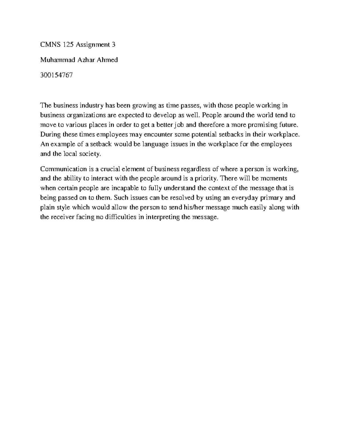 CMNS 125 assignment 3 - CMNS 125 Assignment 3 Muhammad Azhar Ahmed ...