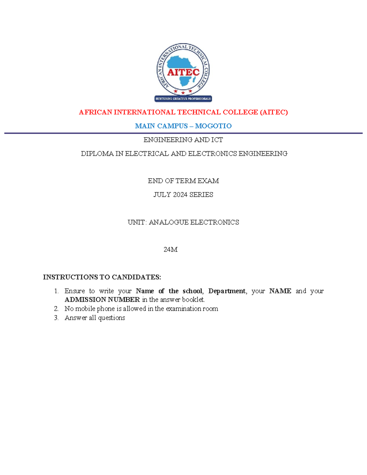 Analogue elect 1 - for revision purposes - AFRICAN INTERNATIONAL ...