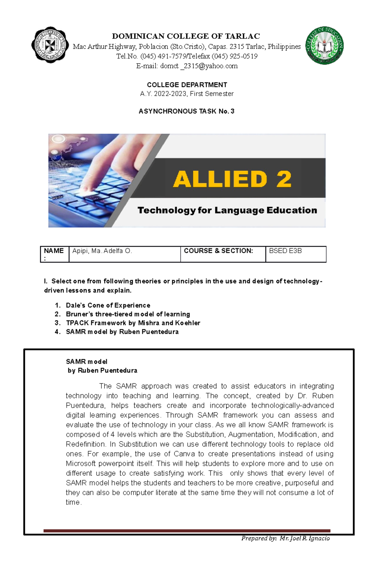 Allied 2 Asynchronous Task No - DOMINICAN COLLEGE OF TARLAC Mac Arthur Highway, Poblacion (Sto ...