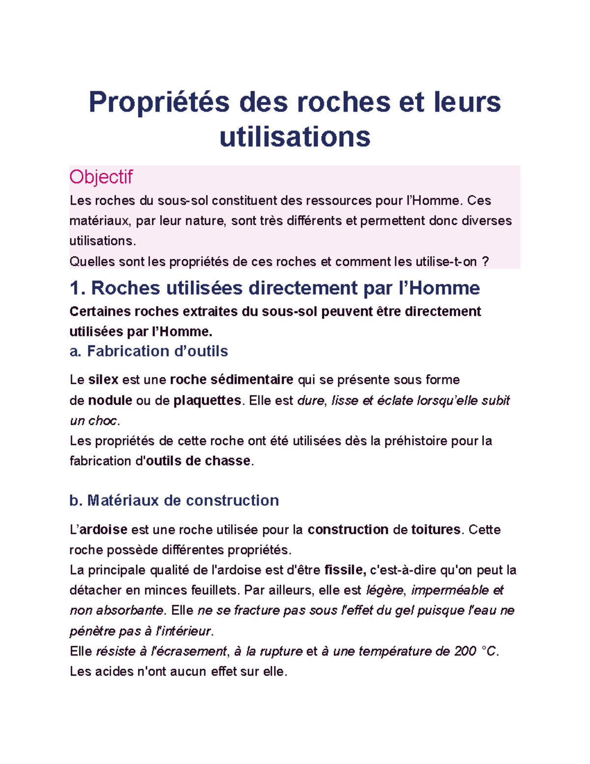 Propriétés des roches et leurs utilisations - Propriétés des roches et ...