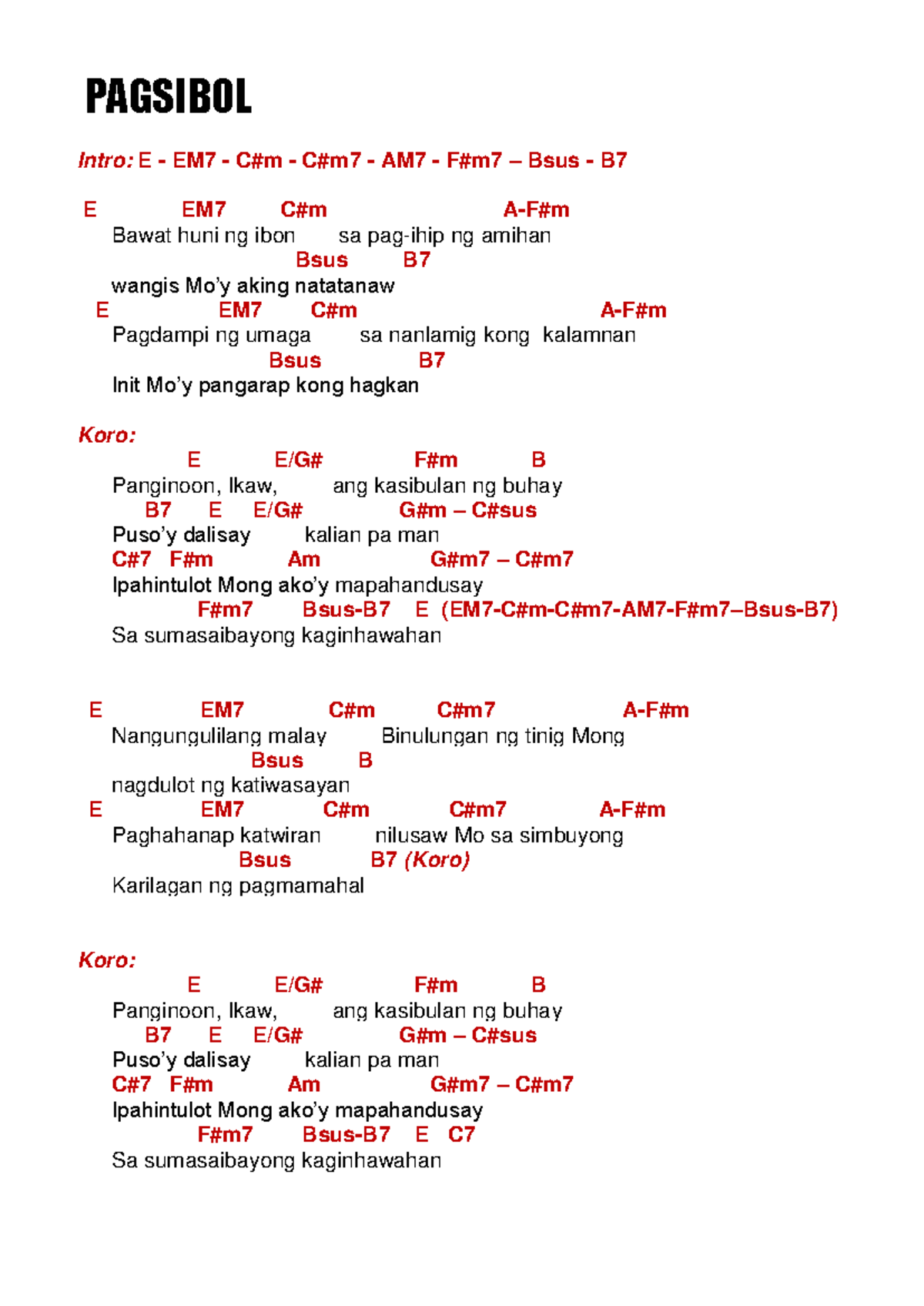 Pagsibol - chords - PAGSIBOL Intro: E - EM7 - C#m - C#m7 - AM7 - F#m7 ...