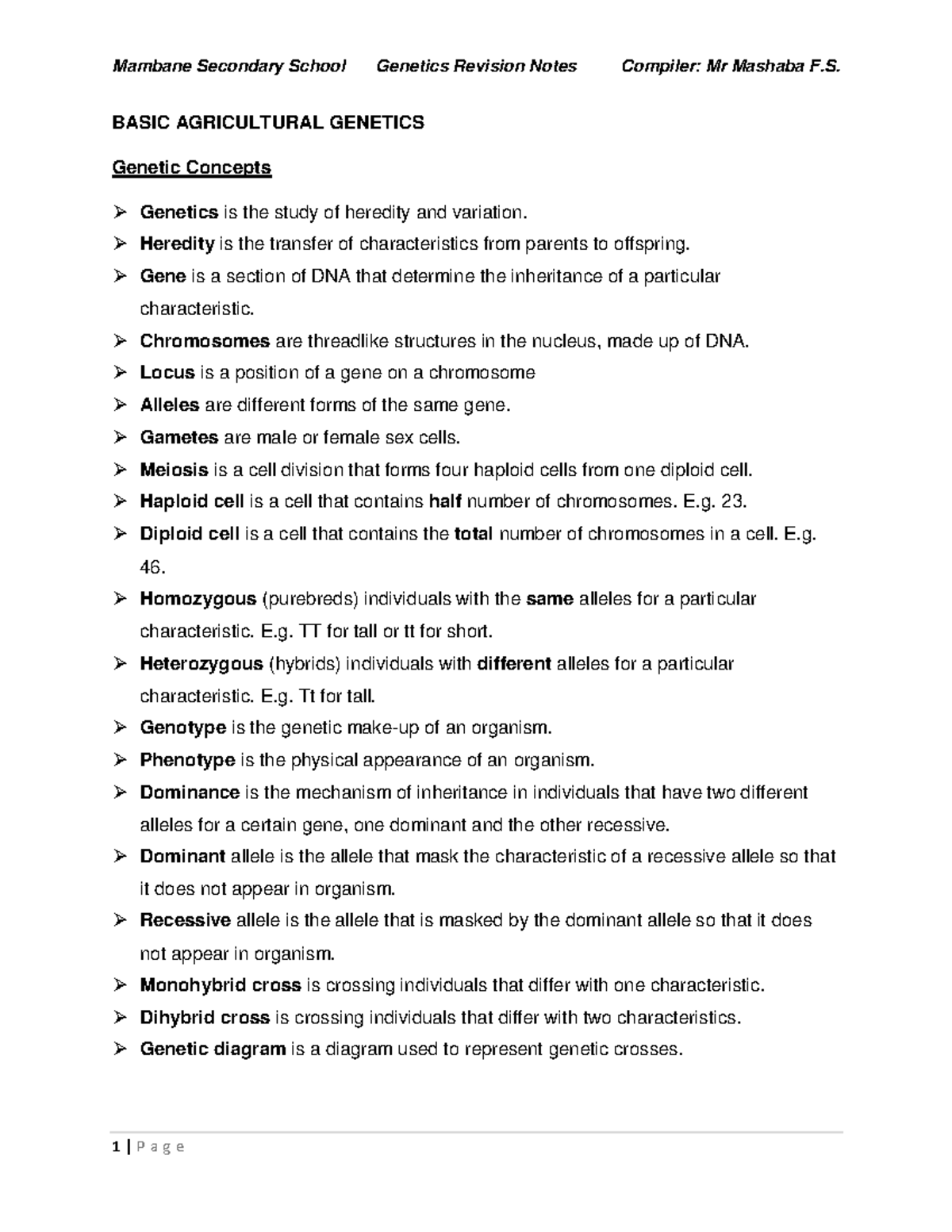 Genetics JUNE Revision Notess - BASIC AGRICULTURAL GENETICS Genetic ...