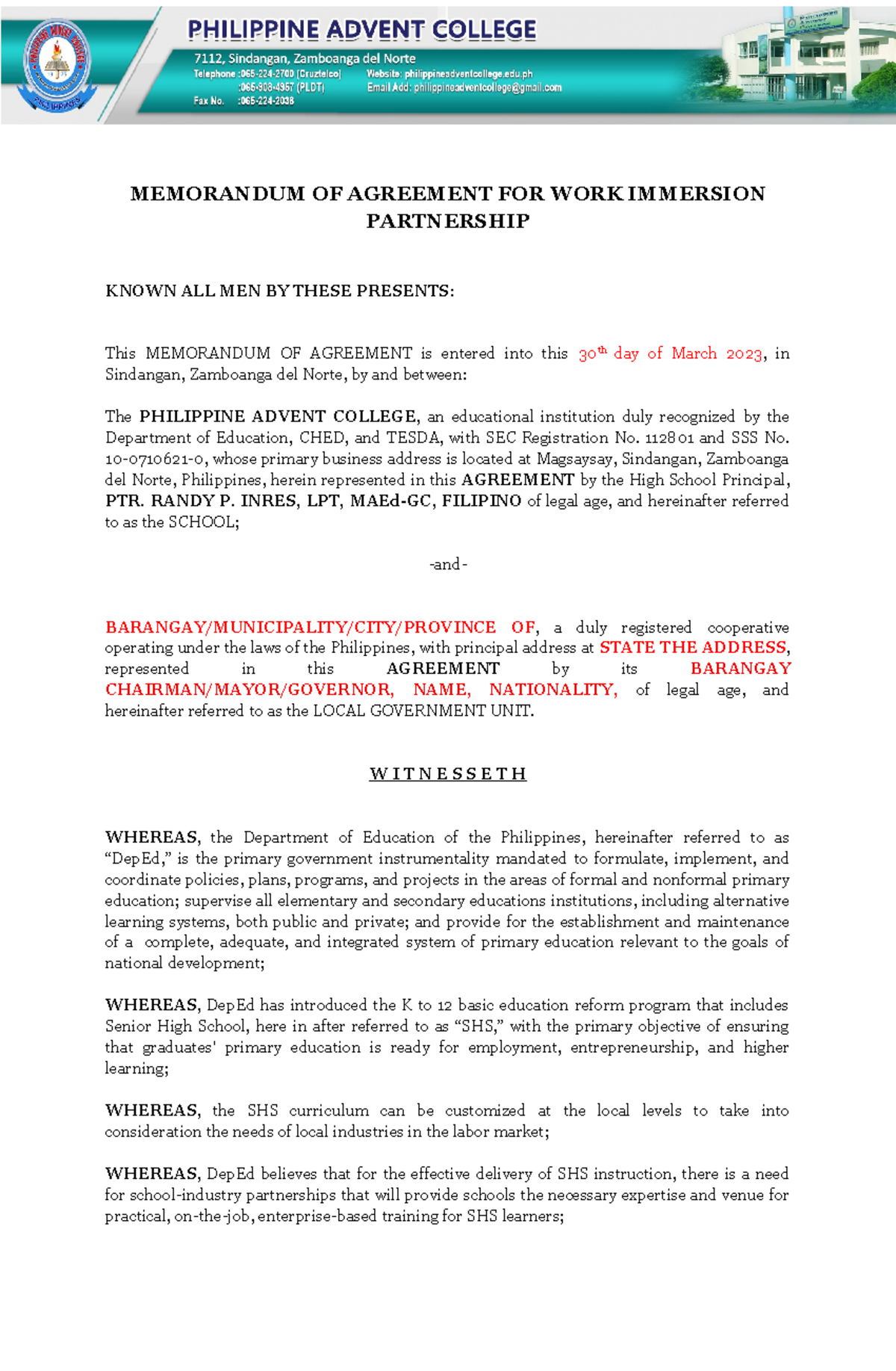 MOA LGU - MOA - MEMORANDUM OF AGREEMENT FOR WORK IMMERSION PARTNERSHIP KNOWN ALL MEN BY THESE ...