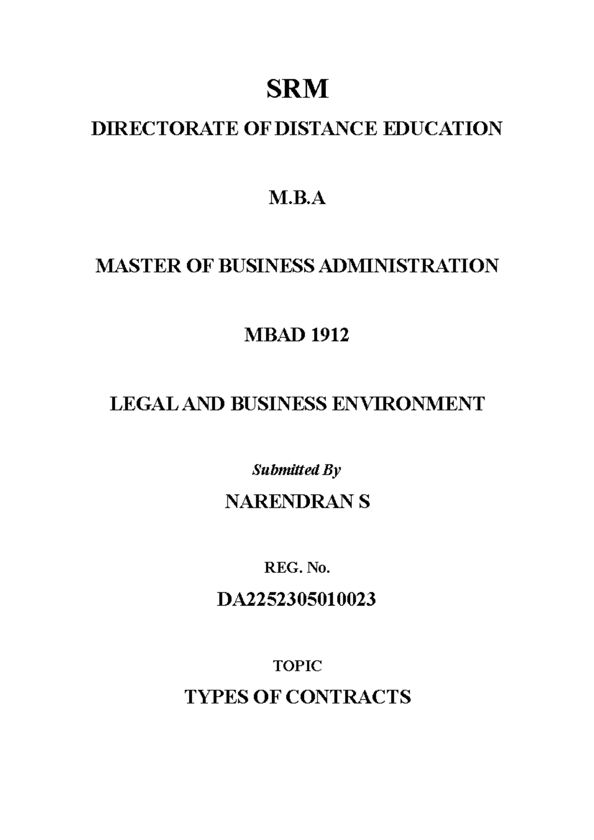 Legal Assignment 1 Srm Directorate Of Distance Education Mb Master Of Business 