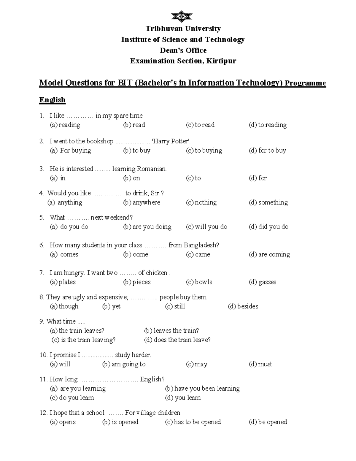 BIT Entrance Model Questions TU - Institute of Science and Technology ...
