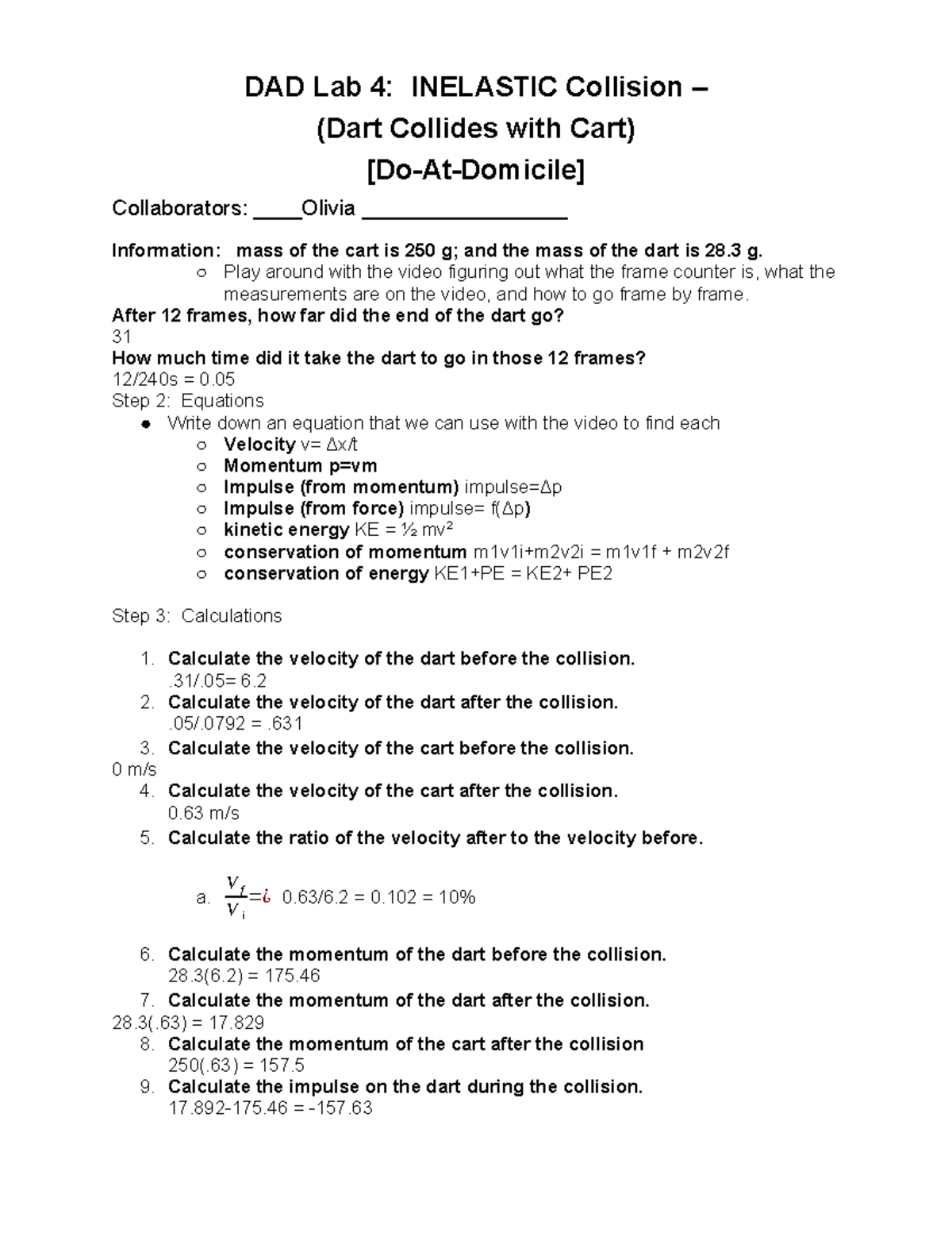 DAD Lab 4 - Inelastic Collision Individual - DAD Lab 4: INELASTIC ...