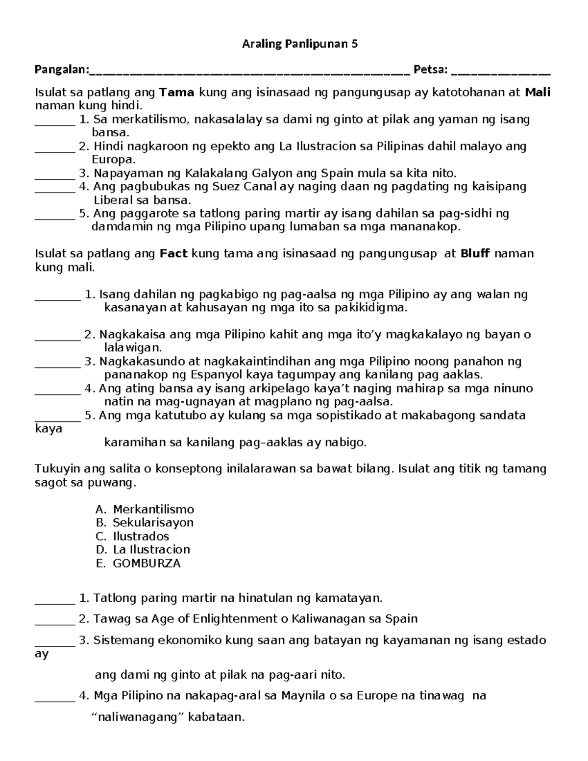 Grade 5 AP quiz 4th Quarter - Araling Panlipunan 5 - Studocu