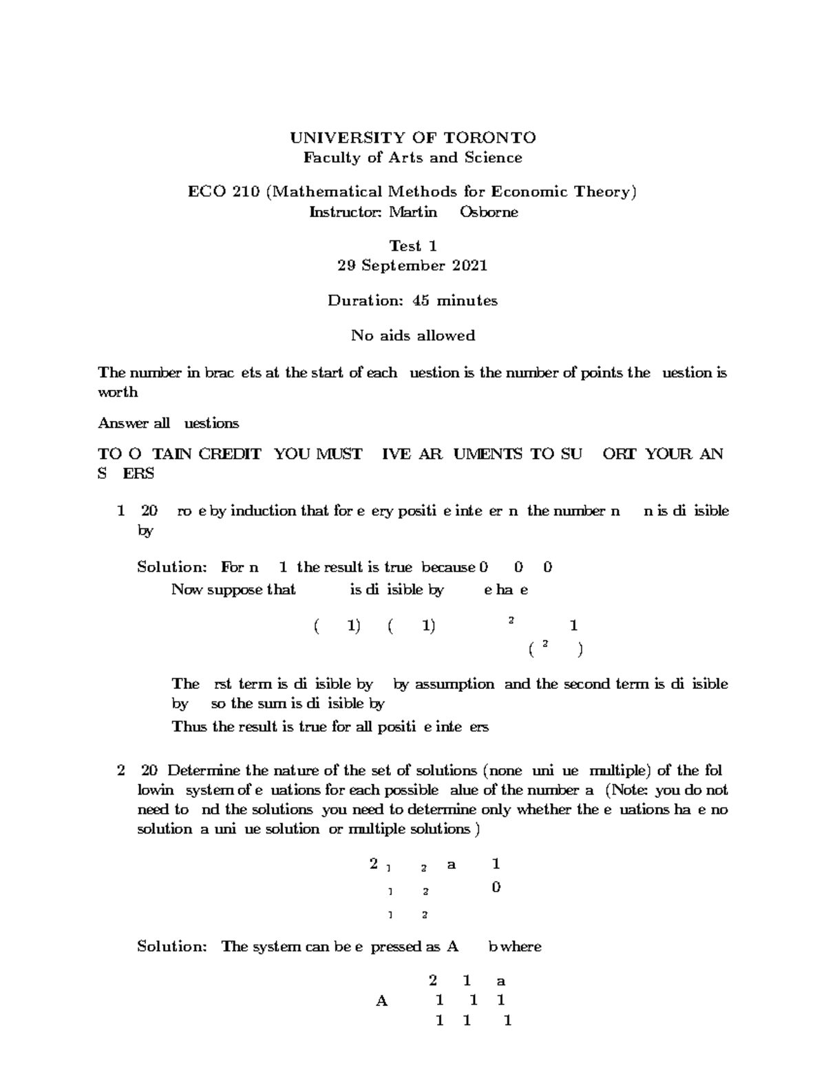 Test 1 Fall 2021 - UNIVERSITY OF TORONTO Faculty of Arts and Science ...