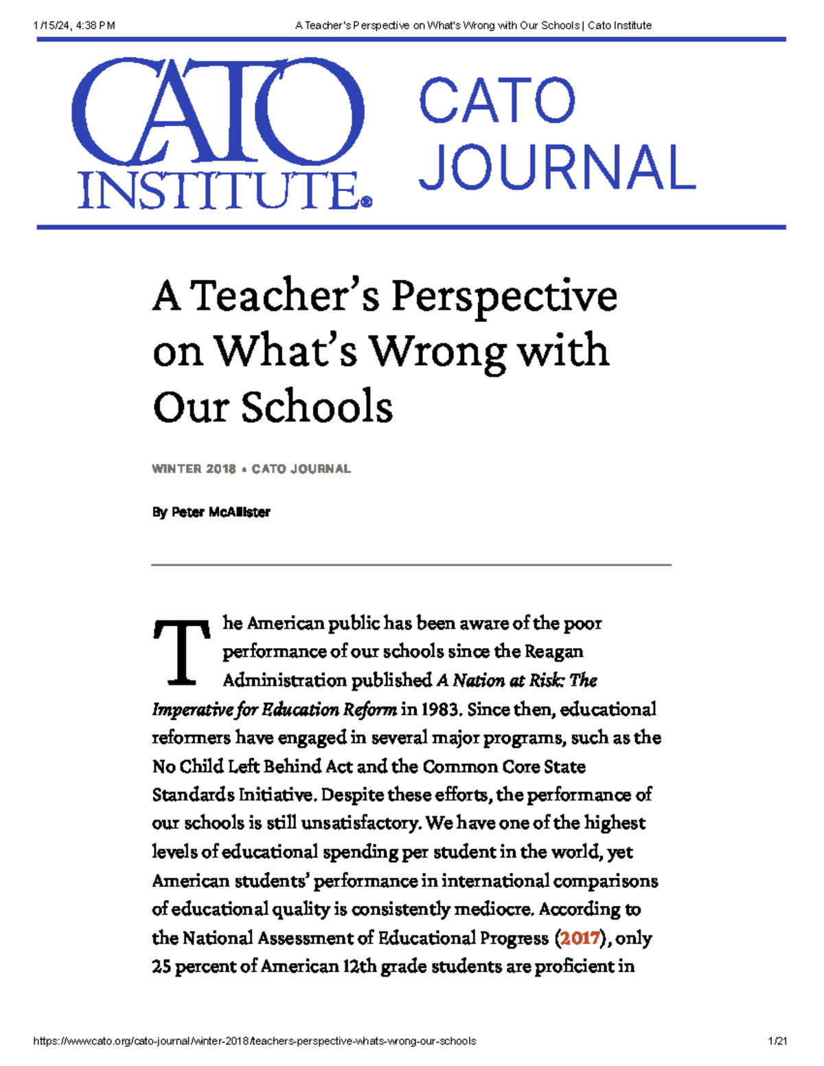 A Teacher’s Perspective on What’s Wrong with Our Schools Cato Institute - CATO JOURNAL A Teacher ...