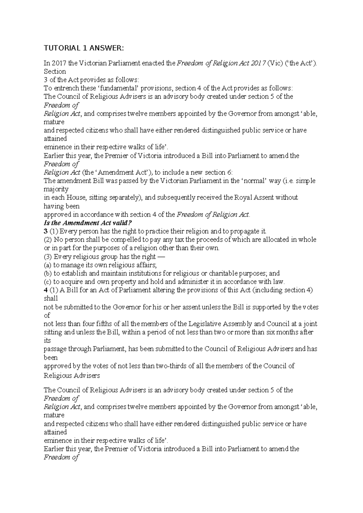 Tutorial Answers - TUTORIAL 1 ANSWER: In 2017 the Victorian Parliament ...